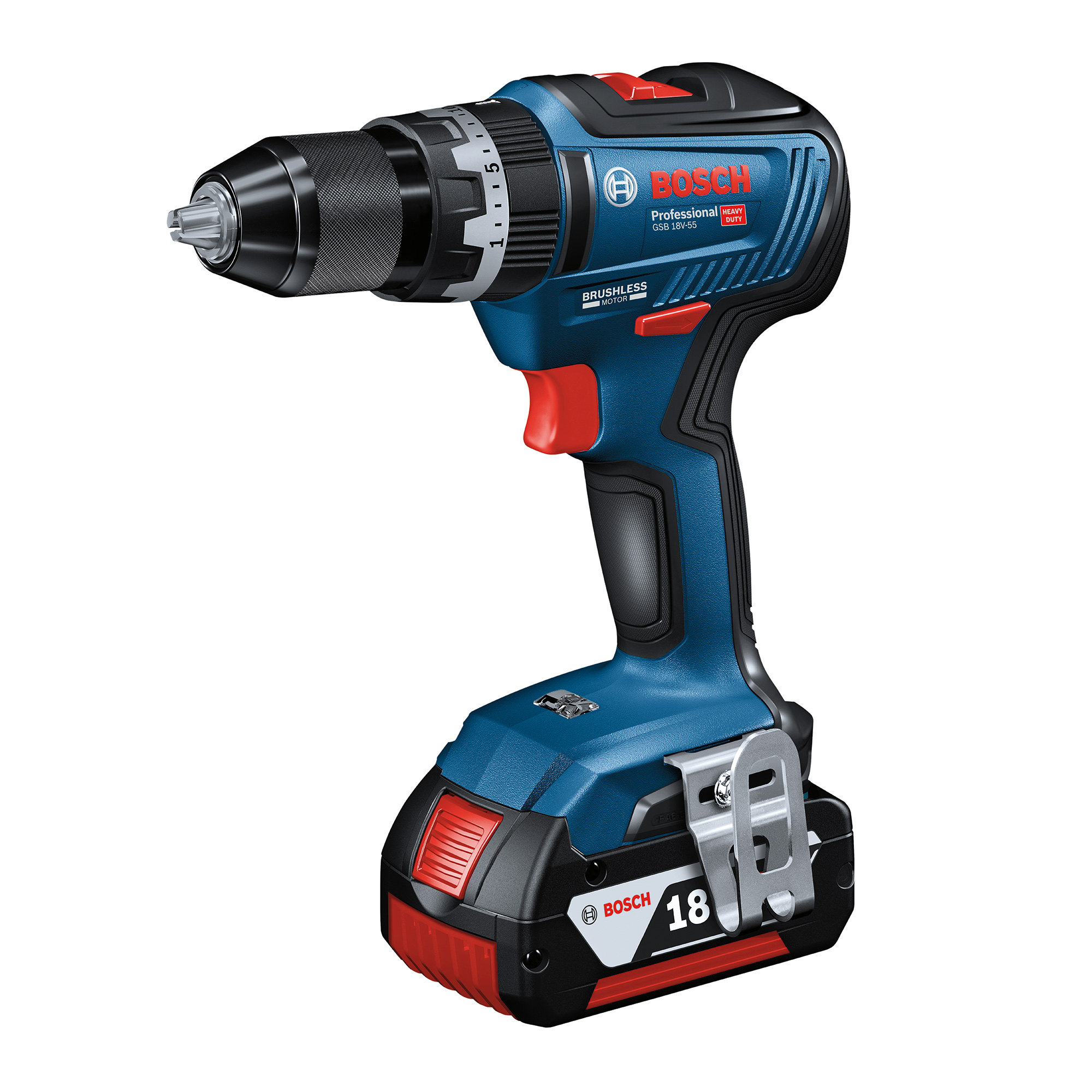 BOSCH GSB18V-55 18v Brushless Combi Drill with 2x5ah Batteries - ToolStore UK
