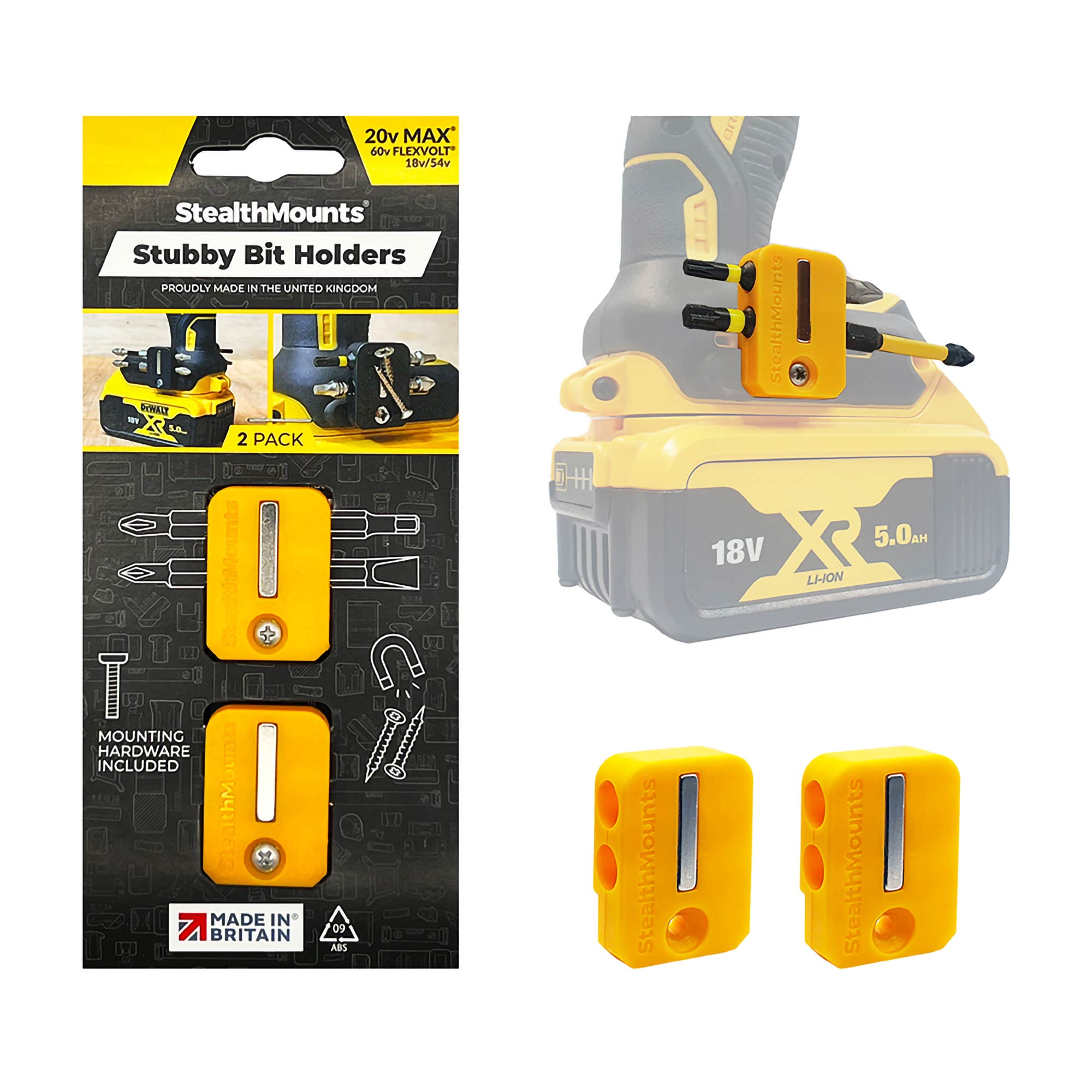 STEALTHMOUNTS BH-DW-S-YLW-2 Stubby Bit Holders Dewalt Yellow - ToolStore UK